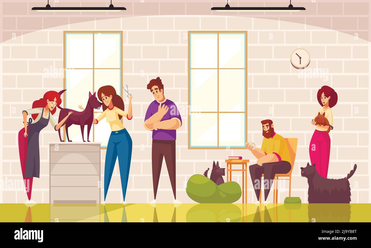 Dogs grooming background with grooming salon symbols flat vector ...