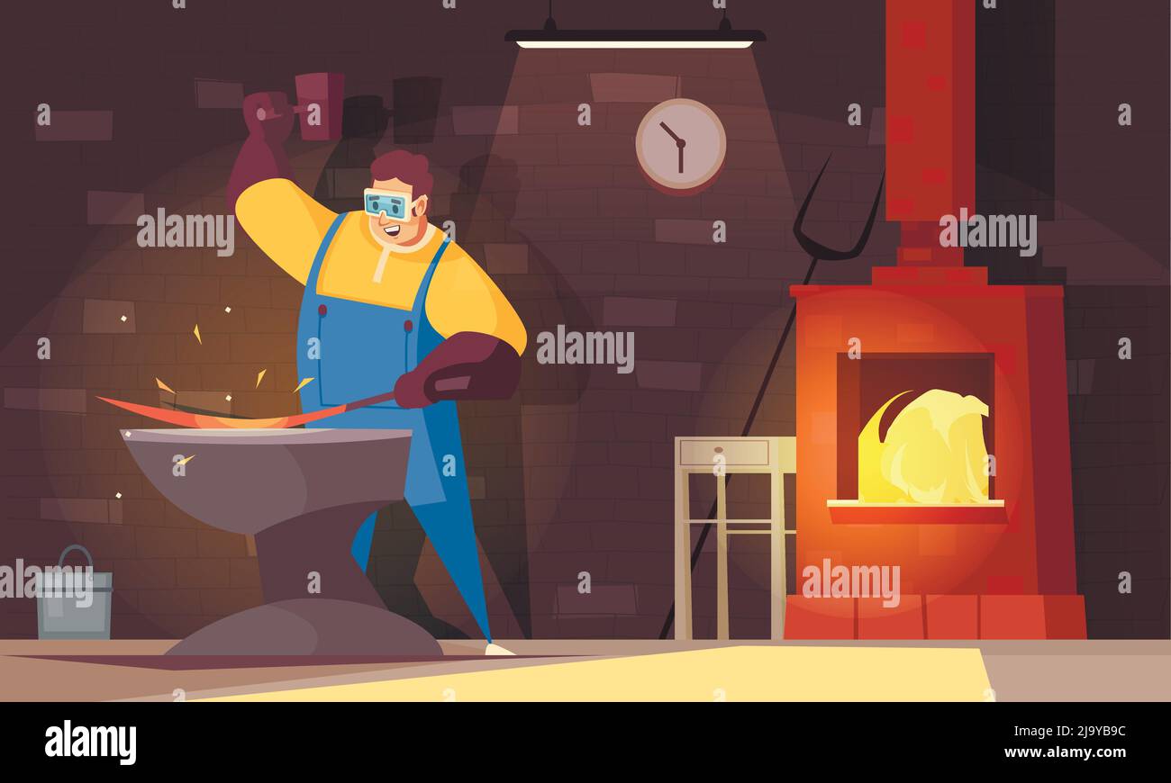 Blacksmith background with hard work and strength symbols flat vector ...