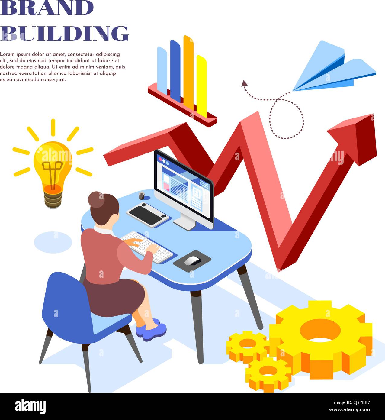Brand building ideas isometric background composition with women ...