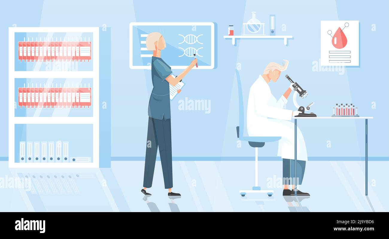 Blood bank background with donation and analysis symbols flat vector ...