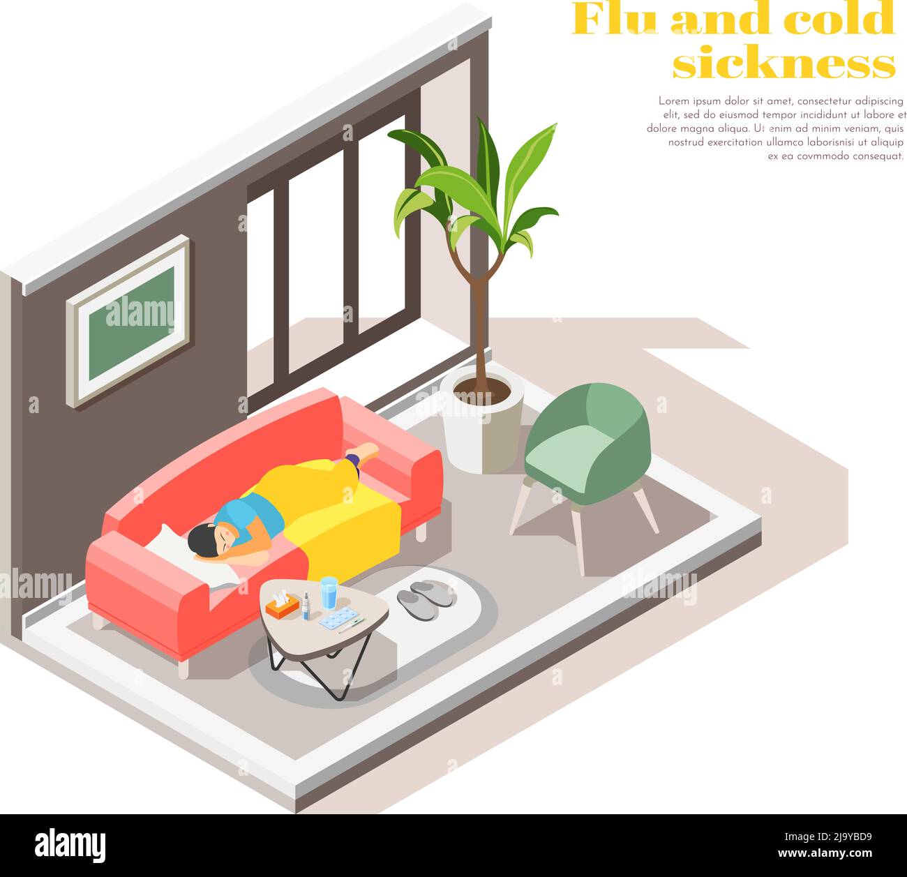 Sick woman with flu cold fever lying under blanket on sofa at home ...