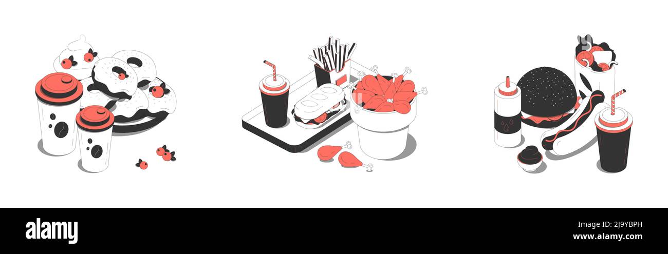 Fastfood lunch concept 3 isometric compositions with donuts soft drinks ...