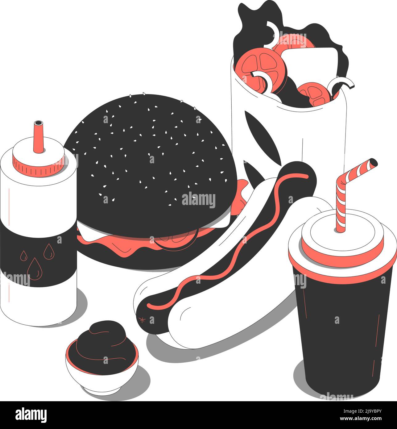 Fast food isometric composition with images of burger hotdog kebab and ...