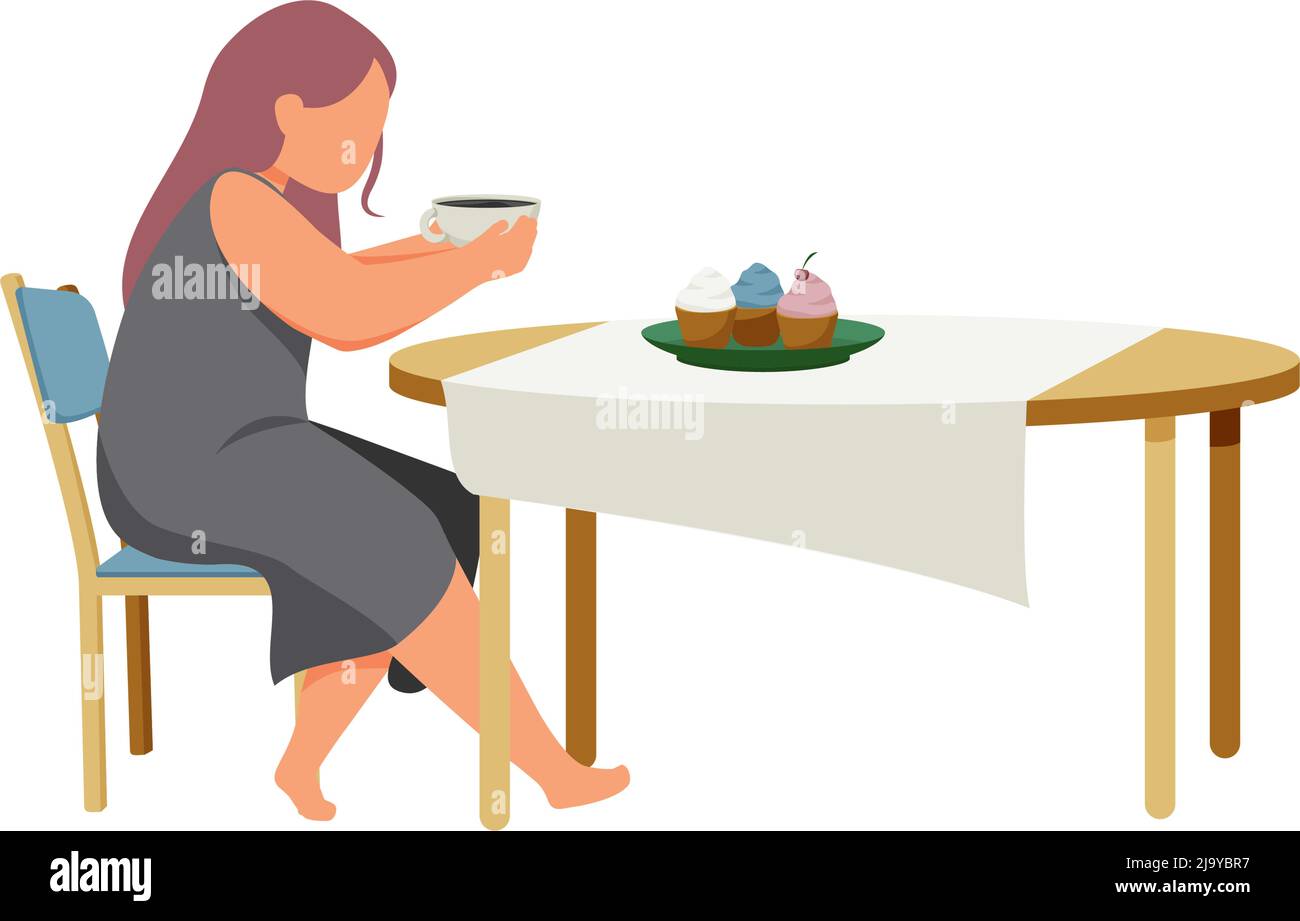 Woman daily routine flat composition with character of girl drinking ...