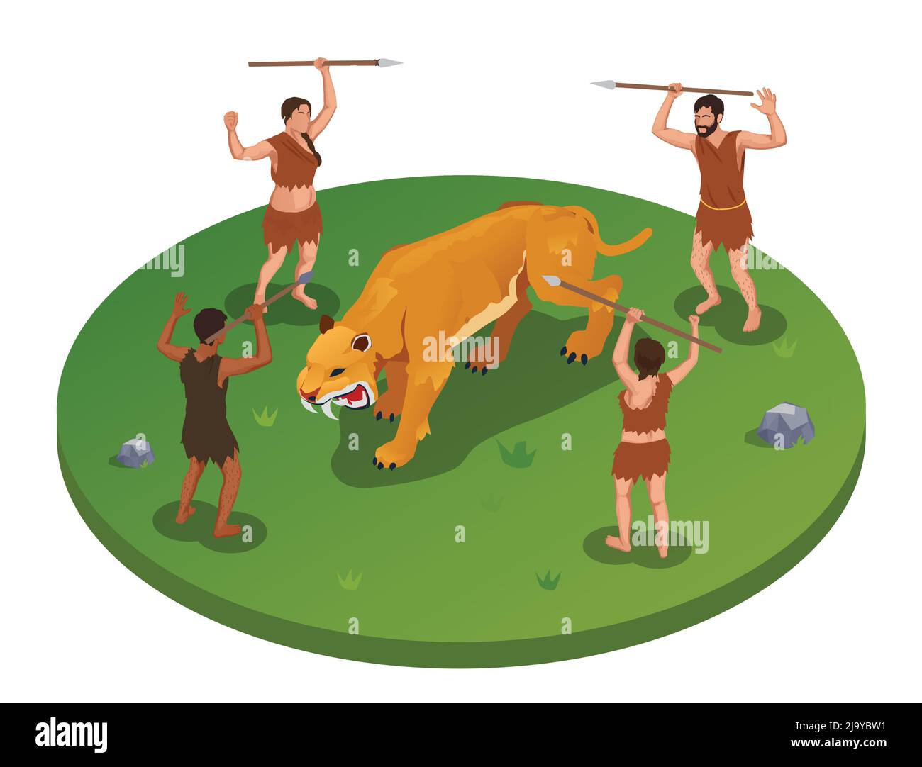 Caveman prehistoric primitive people round isometric composition with ...