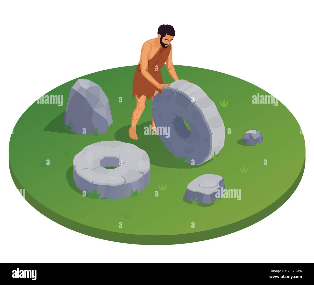 Caveman prehistoric primitive people round isometric composition with ...