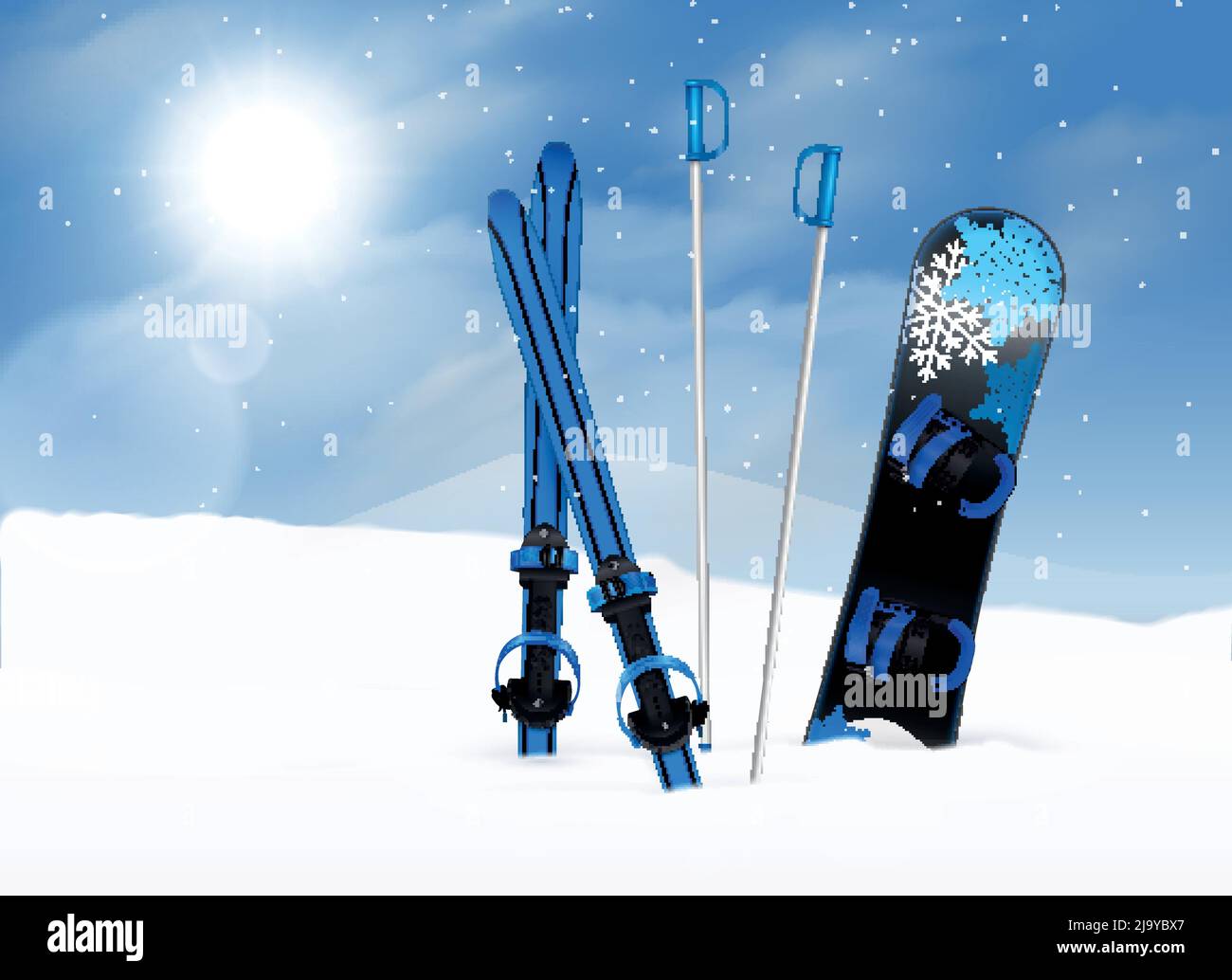 Ski poles and snowboard in snow on background with blue sky and sun ...