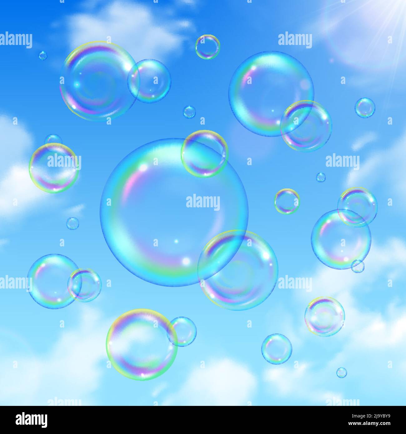 Soap bubbles and sky realistic background with sun shining vector ...