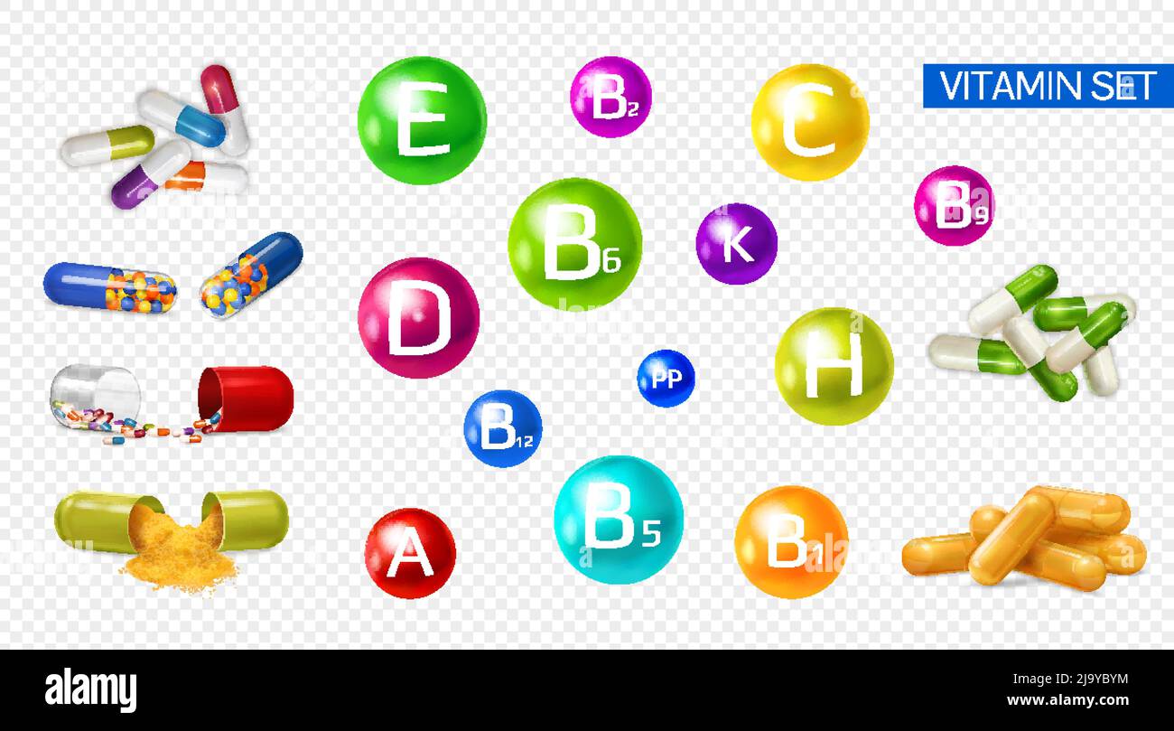 Vitamins minerals boosting energy 3d colorful realistic set with fruits ...