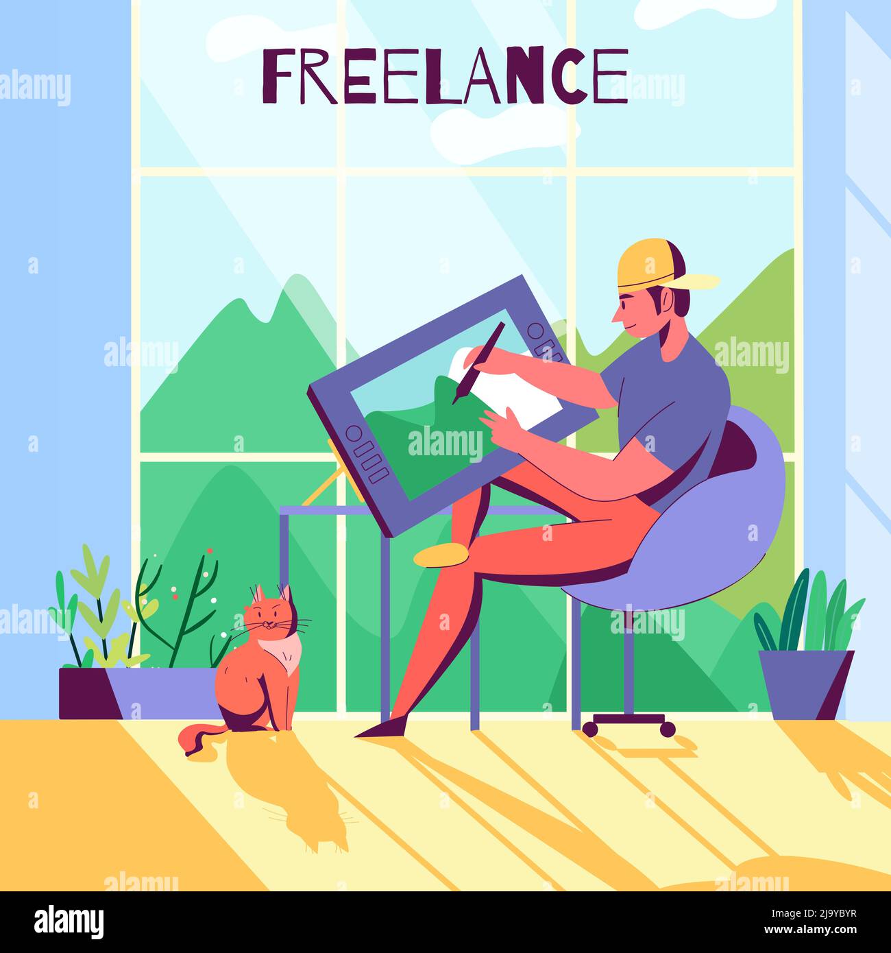 Creative profession flat composition with freelancer designer working ...