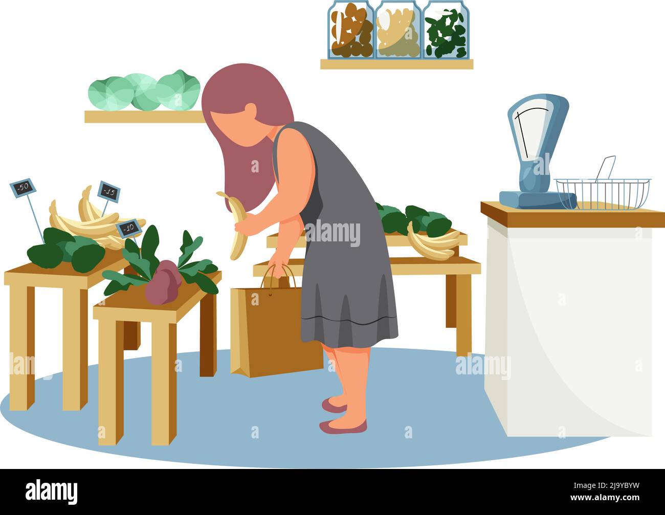 Woman daily routine flat composition with view of grocery store and ... Woman daily routine flat composition with view of grocery store and ...
