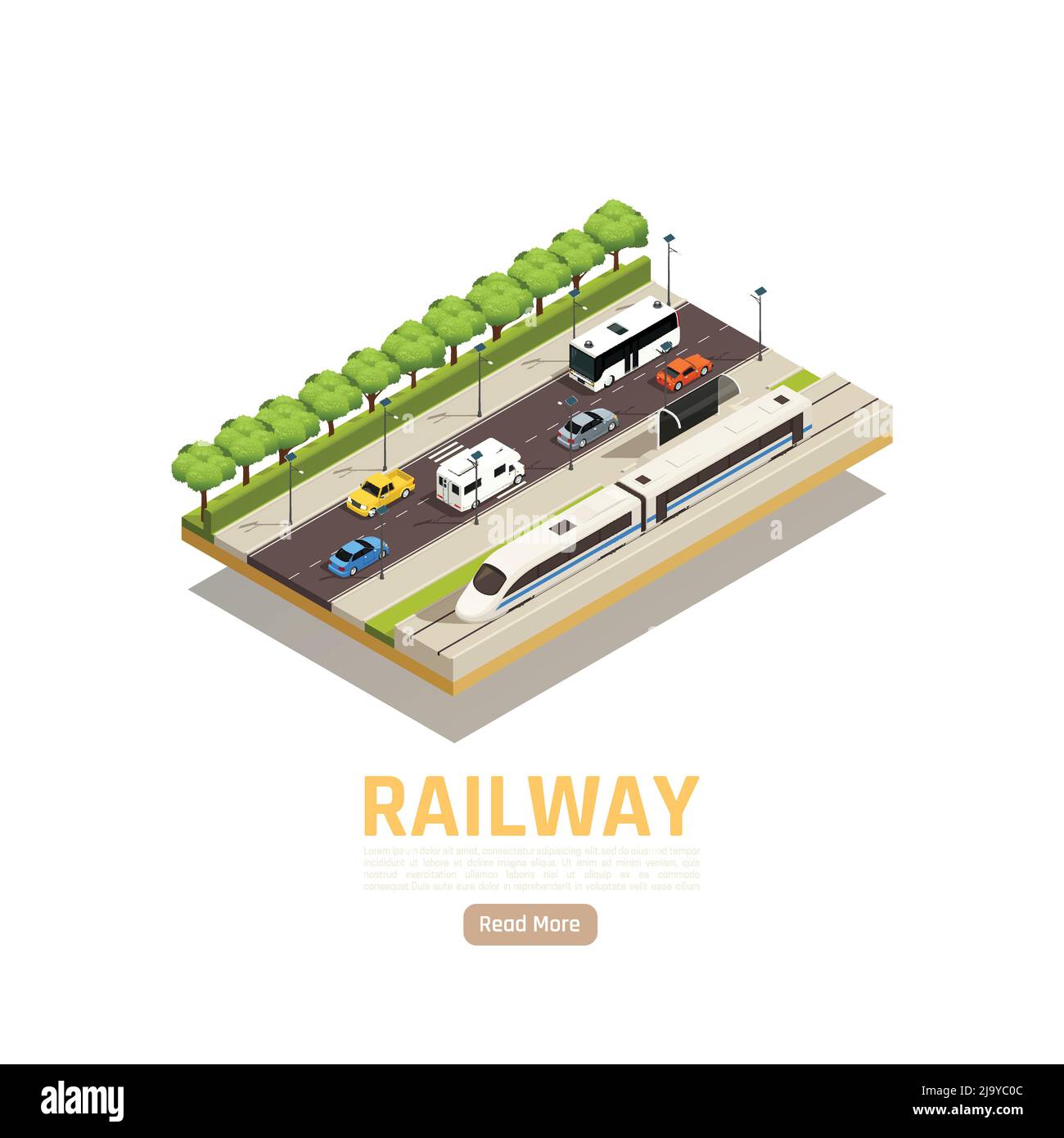 Train railway station isometric background with urban scenery cars on ...