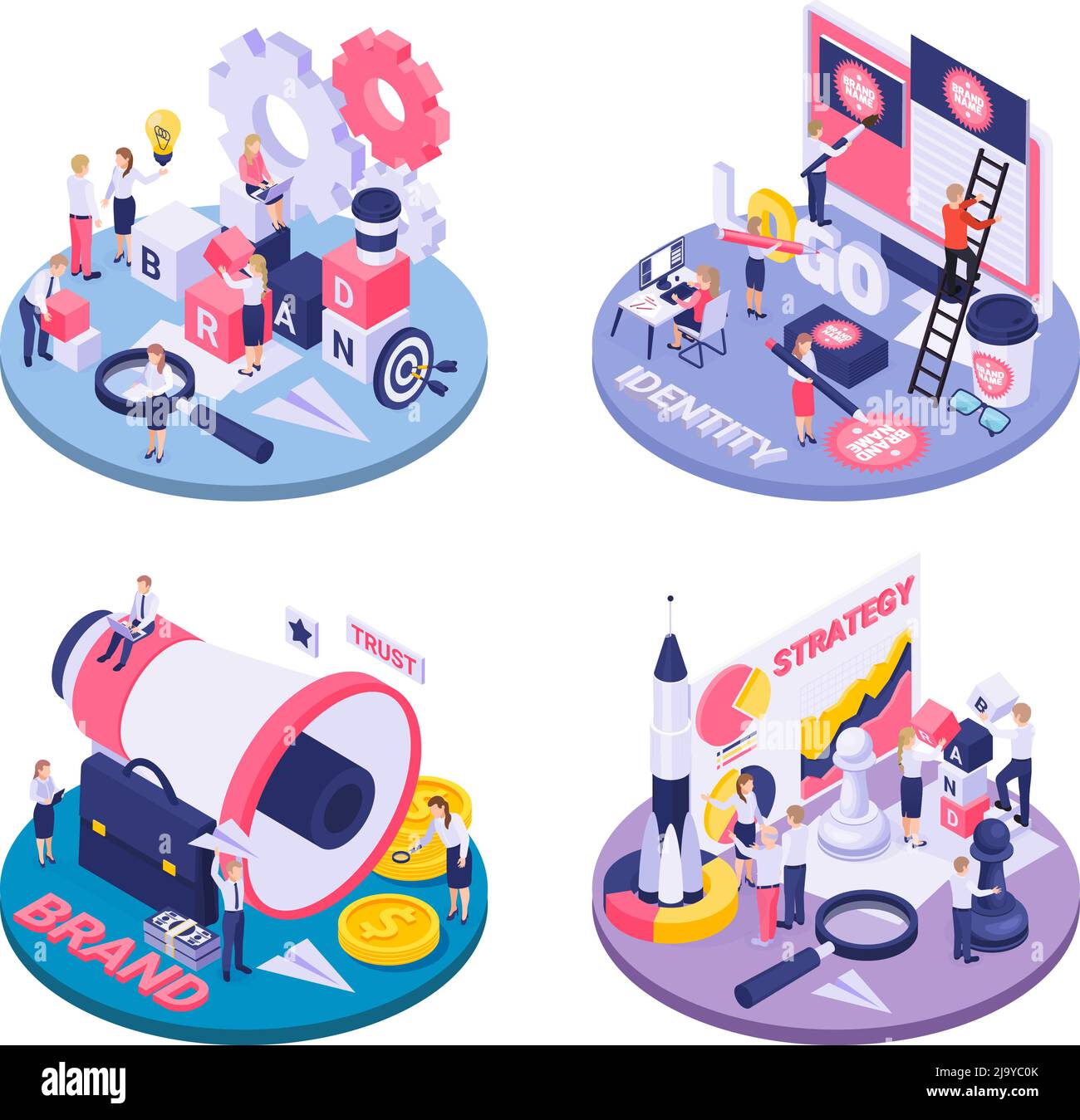 Brand identity as goals achieving strategy concept 4 circular isometric ... Brand identity as goals achieving strategy concept 4 circular isometric ...