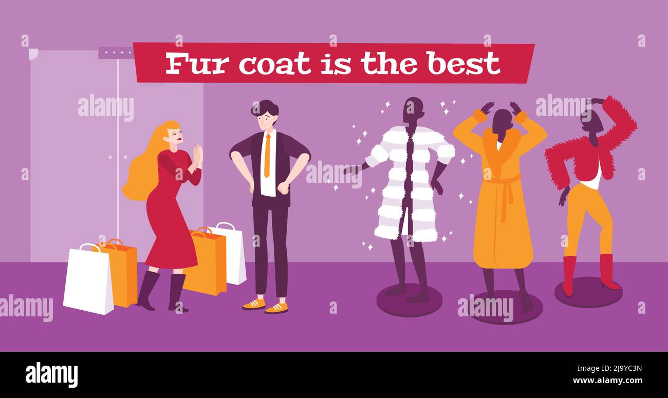 Fur coat background with best gift symbols flat vector illustration ...