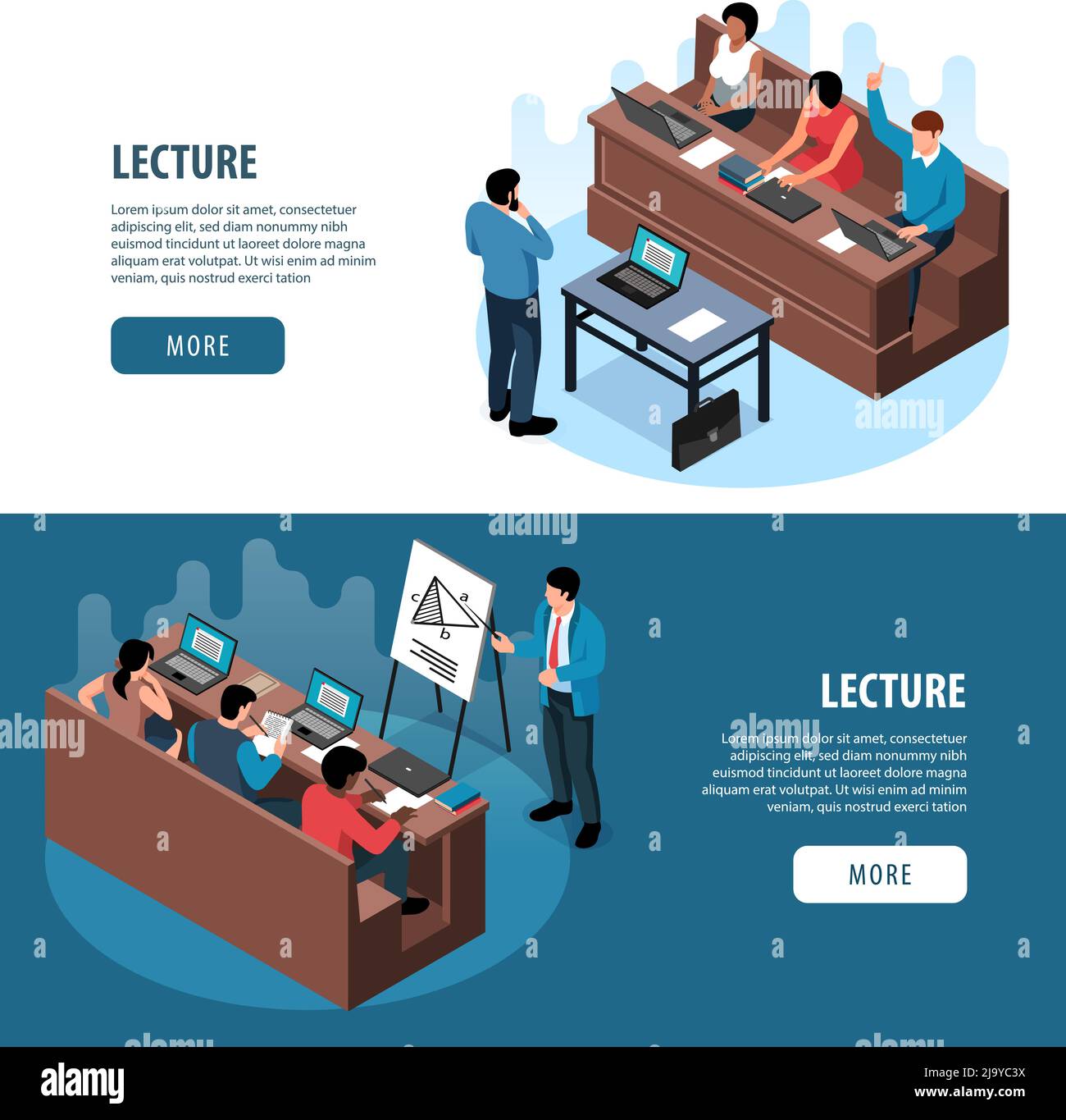 Isometric professor lecture class set of two horizontal banners with ...