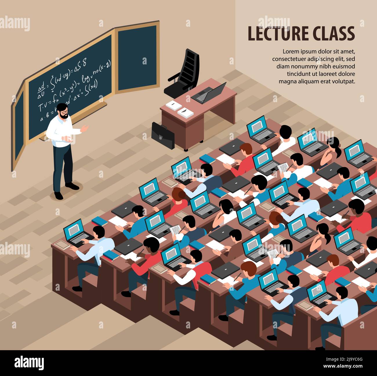 Isometric lecture class background with indoor scenery professor in ...