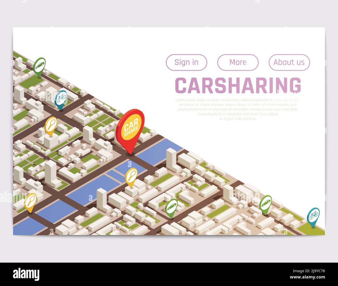Carsharing carpooling ridesharing web site landing page with isometric city map and location ...