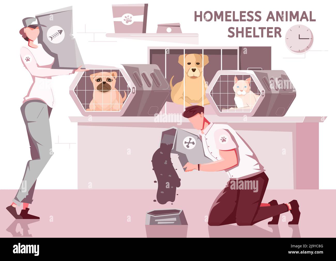 Homeless animal help flat composition with pets in cages and workers ...