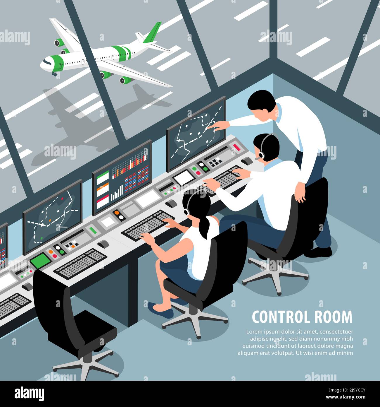Isometric airport traffic control team background with indoor scenery aircraft control room ...