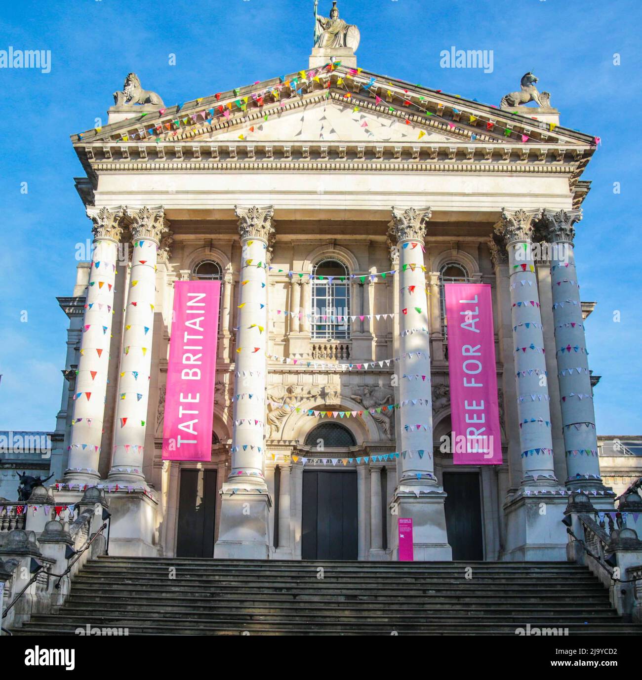 Tate britain facade decorated with colourful bunting hi-res stock ...