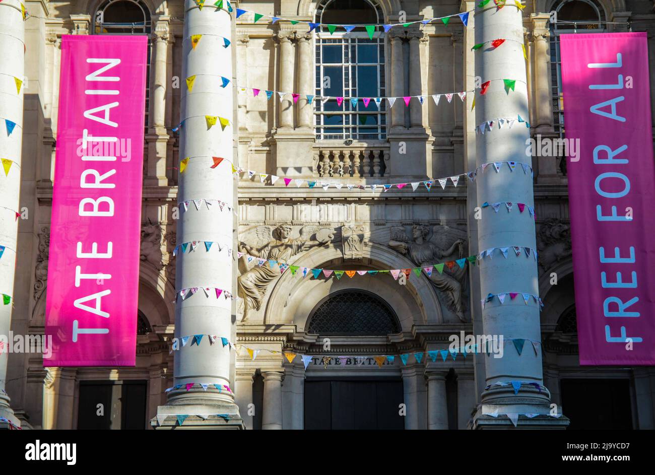 Tate britain facade decorated with colourful bunting hi-res stock ...