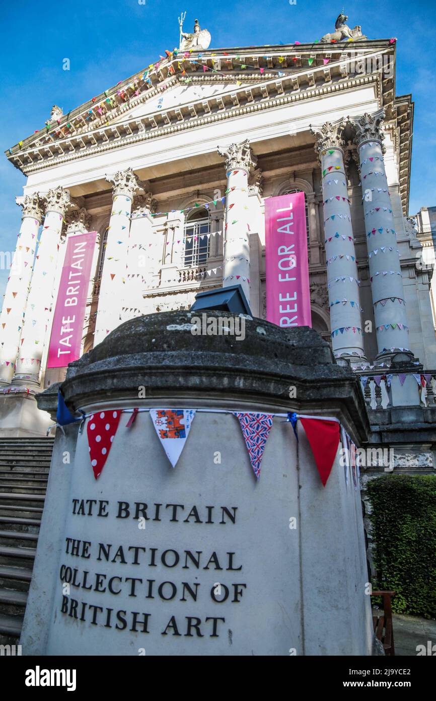 London UK 26 May 2022 Tate Britain's facade covered with bunting, all ...