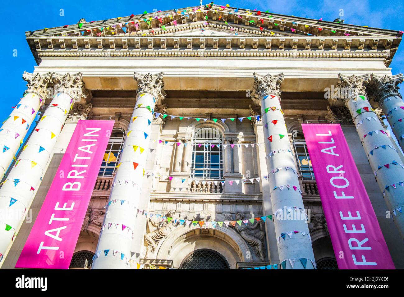 Tate britain facade decorated with colourful bunting hi-res stock ...