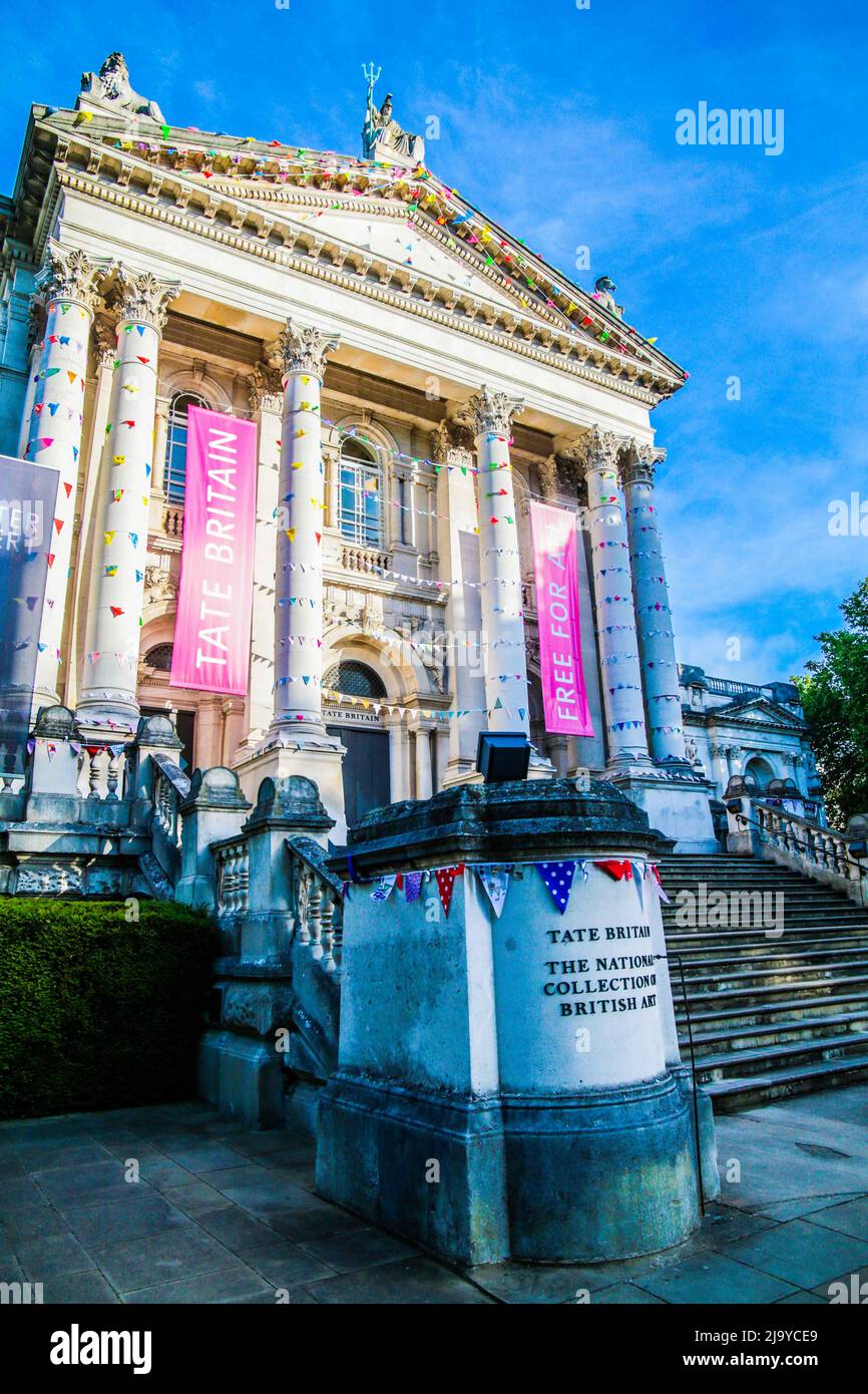 London UK 26 May 2022 Tate Britain's facade covered with bunting, all ...
