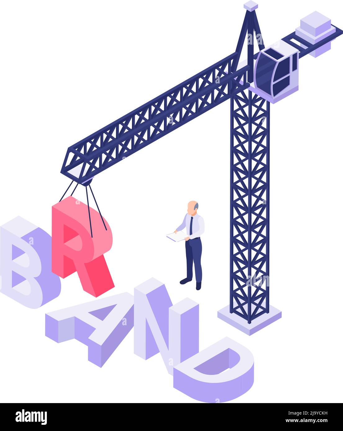 Isometric concept with crane constructing word brand on white ...