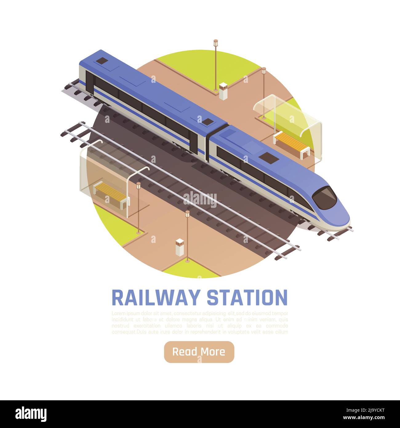 Train railway station isometric background with round composition train ...