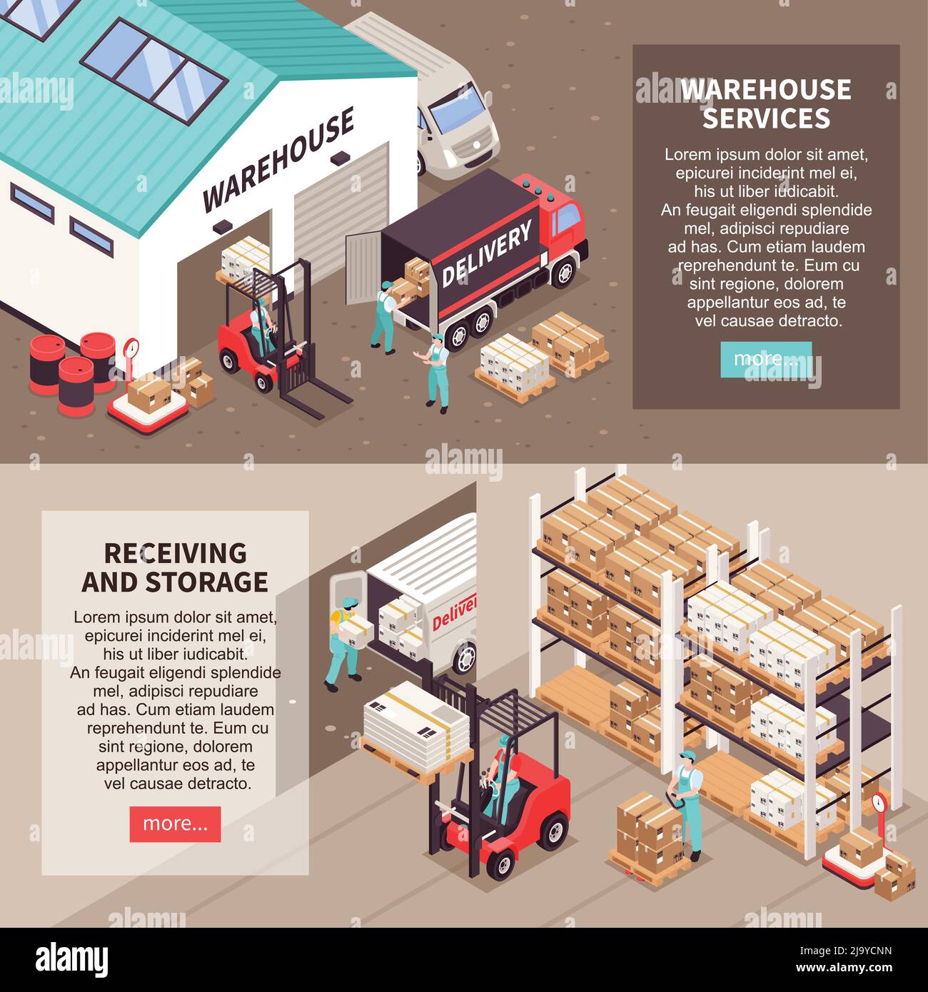 Logistic horizontal banners with warehouse services receiving and ...
