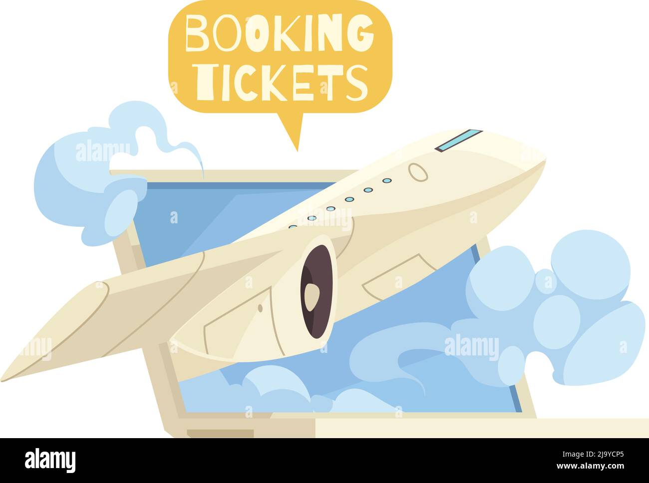Booking tickets online composition with laptop and flying plane cartoon ...