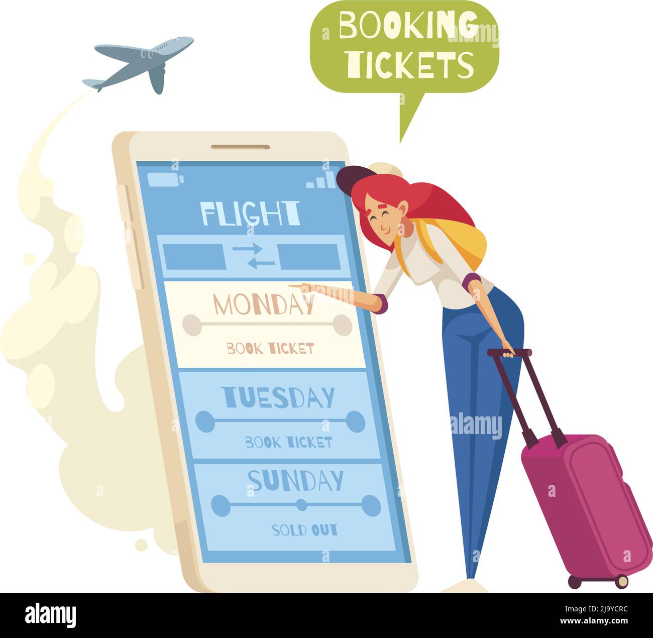 Cartoon composition with woman booking plane tickets on smartphone ...