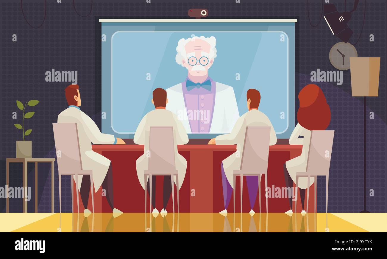 Colored medical conference composition with three scientists or doctors ...