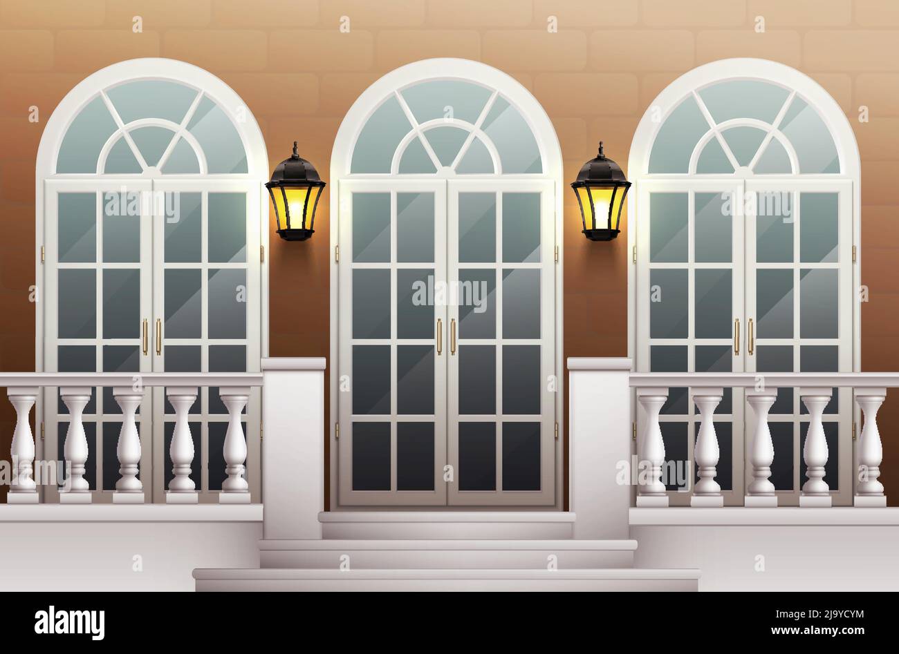 Classic palace facade with glass front door porch and terrace with ...