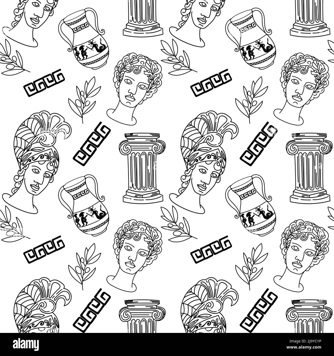 Demonic pattern of the heads of ancient Greek goddesses, drawn in the ...