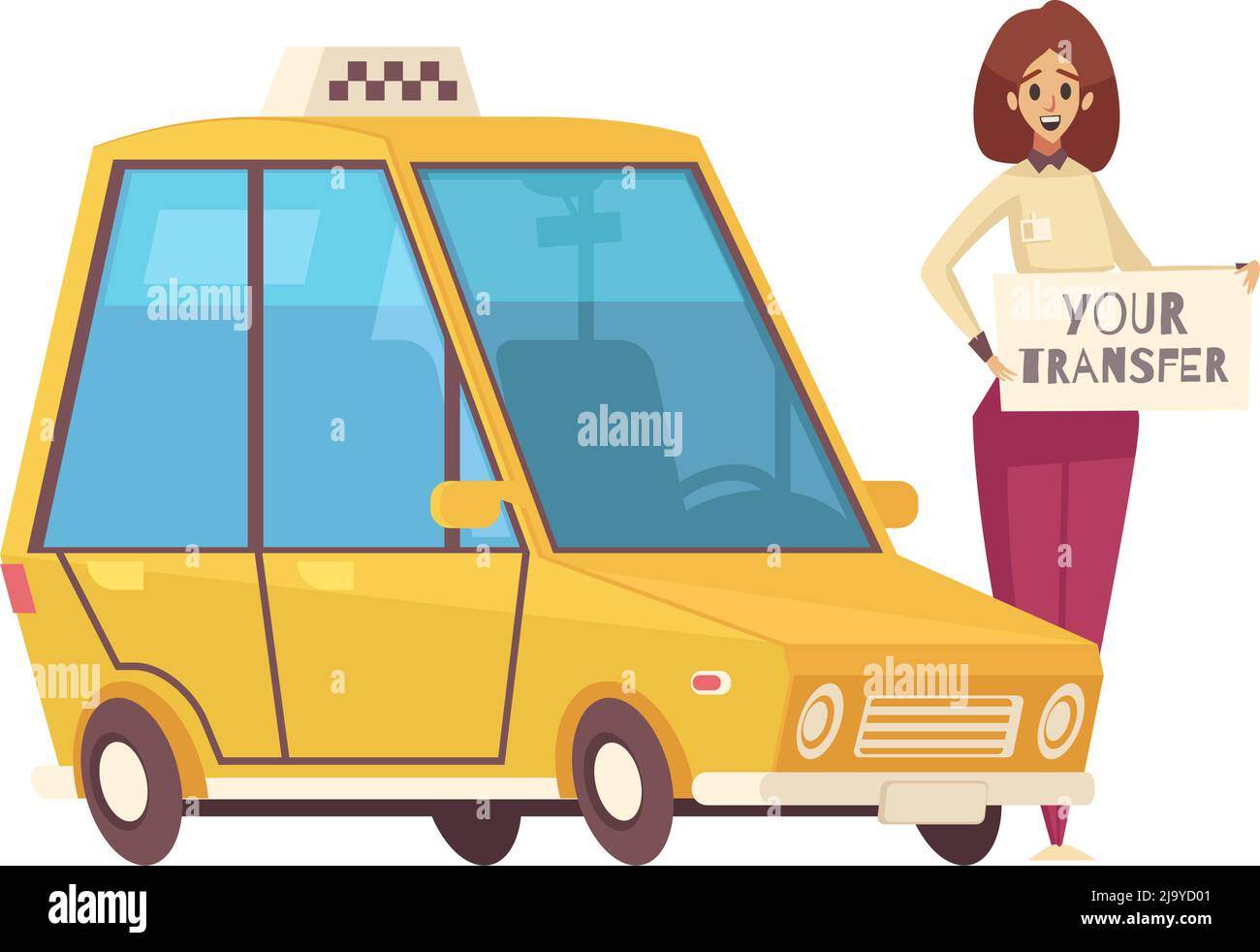 Travel hotel transfer cartoon icon with taxi and smiling woman vector ...