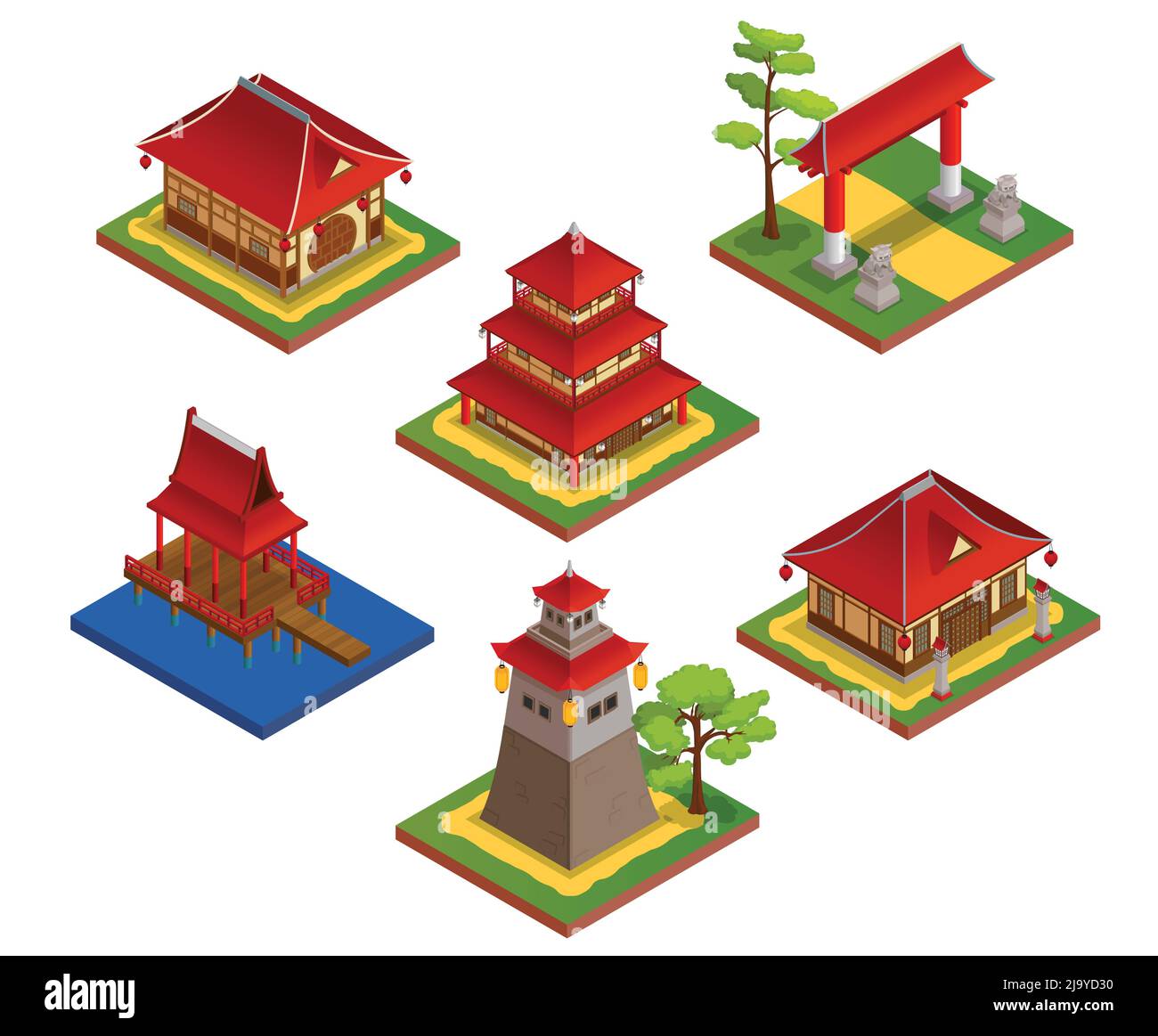 Asian buildings isometric set with house and bridge isolated vector ...