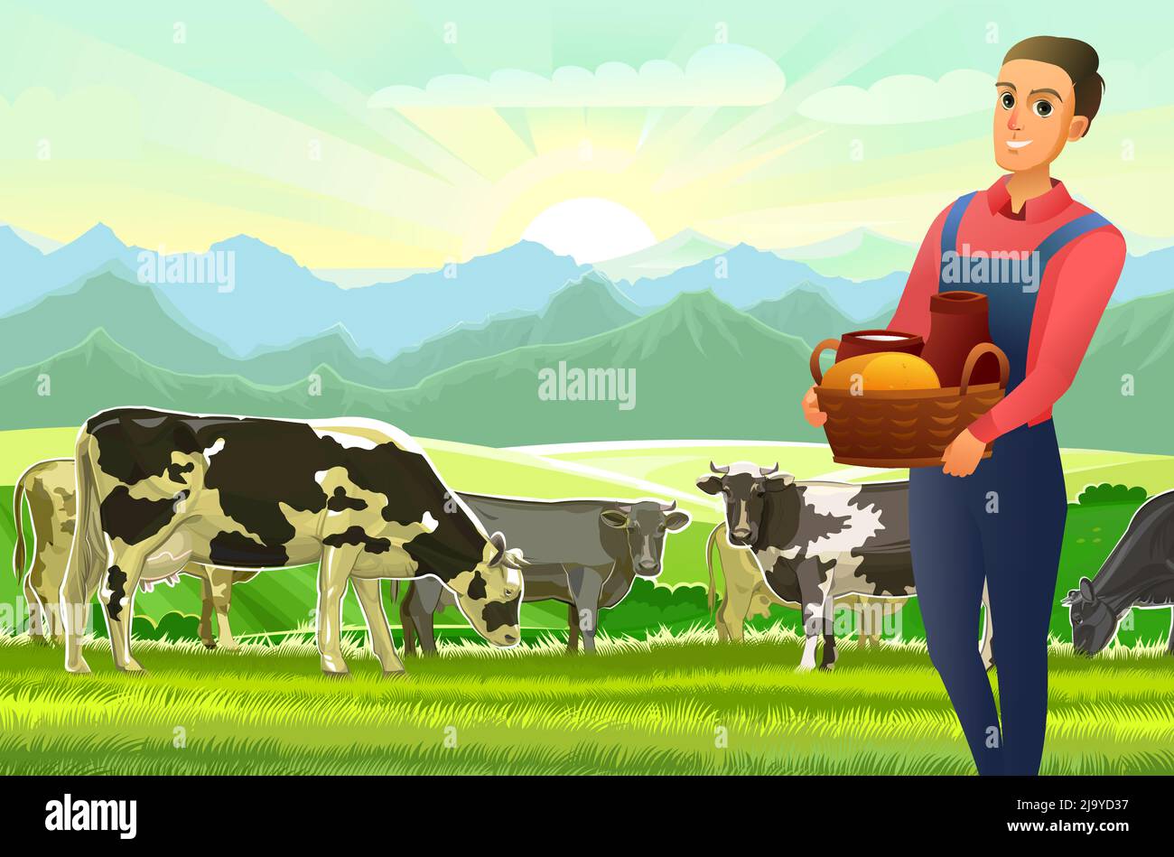 Boy farmer with basket. Cows are grazing. Rural landscape hills. Green ...