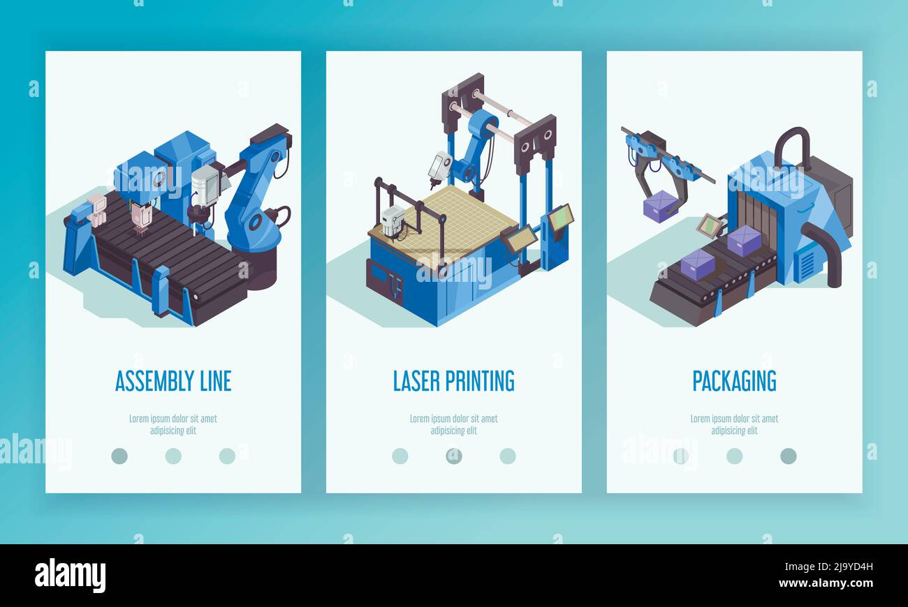 Three Vertical Isometric Robot Automation Banner Set With Assembly Line