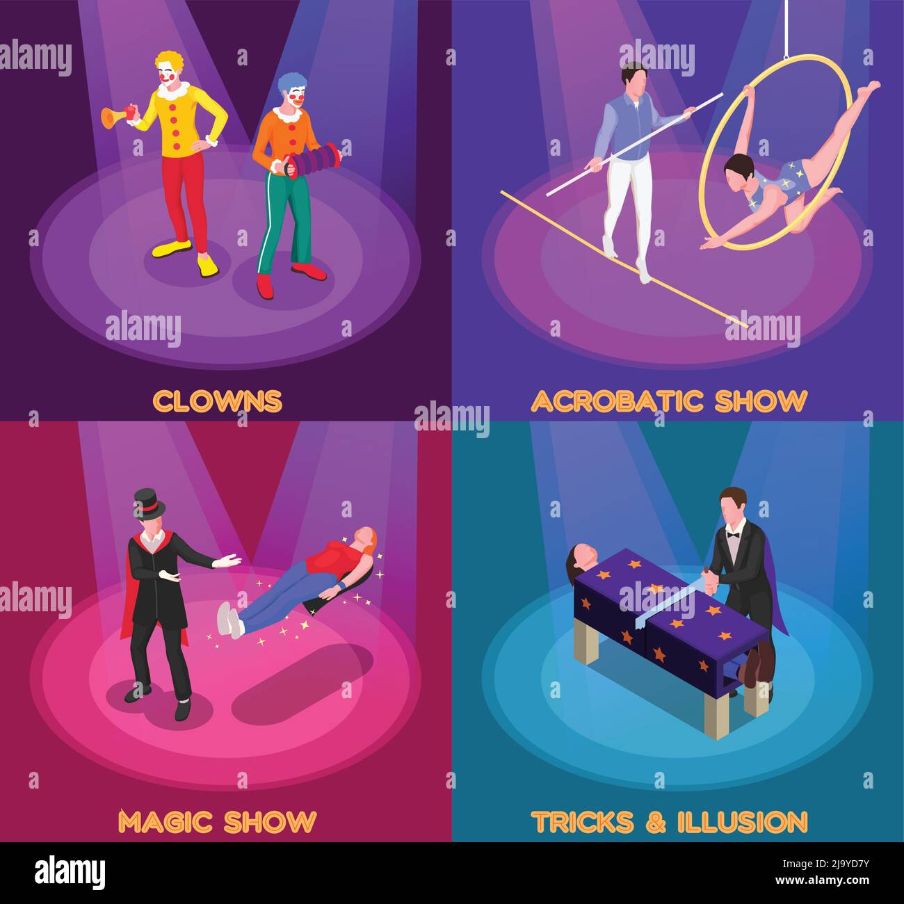 Circus show concept isometric icons set with clown and magic show ...