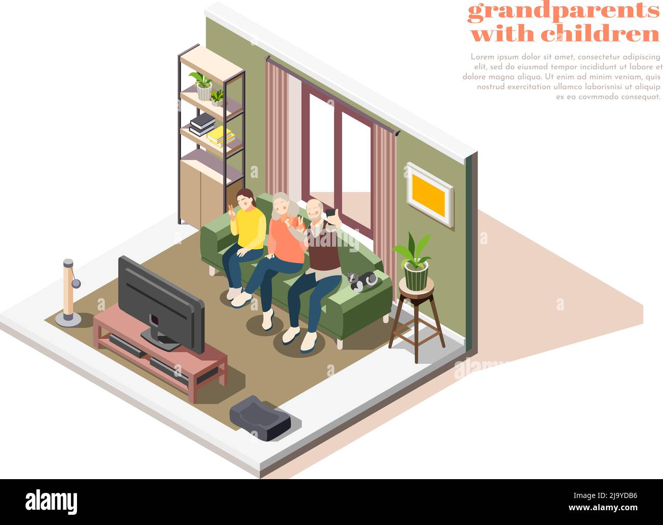 Grandparents with children composition of two elderly people and young ...