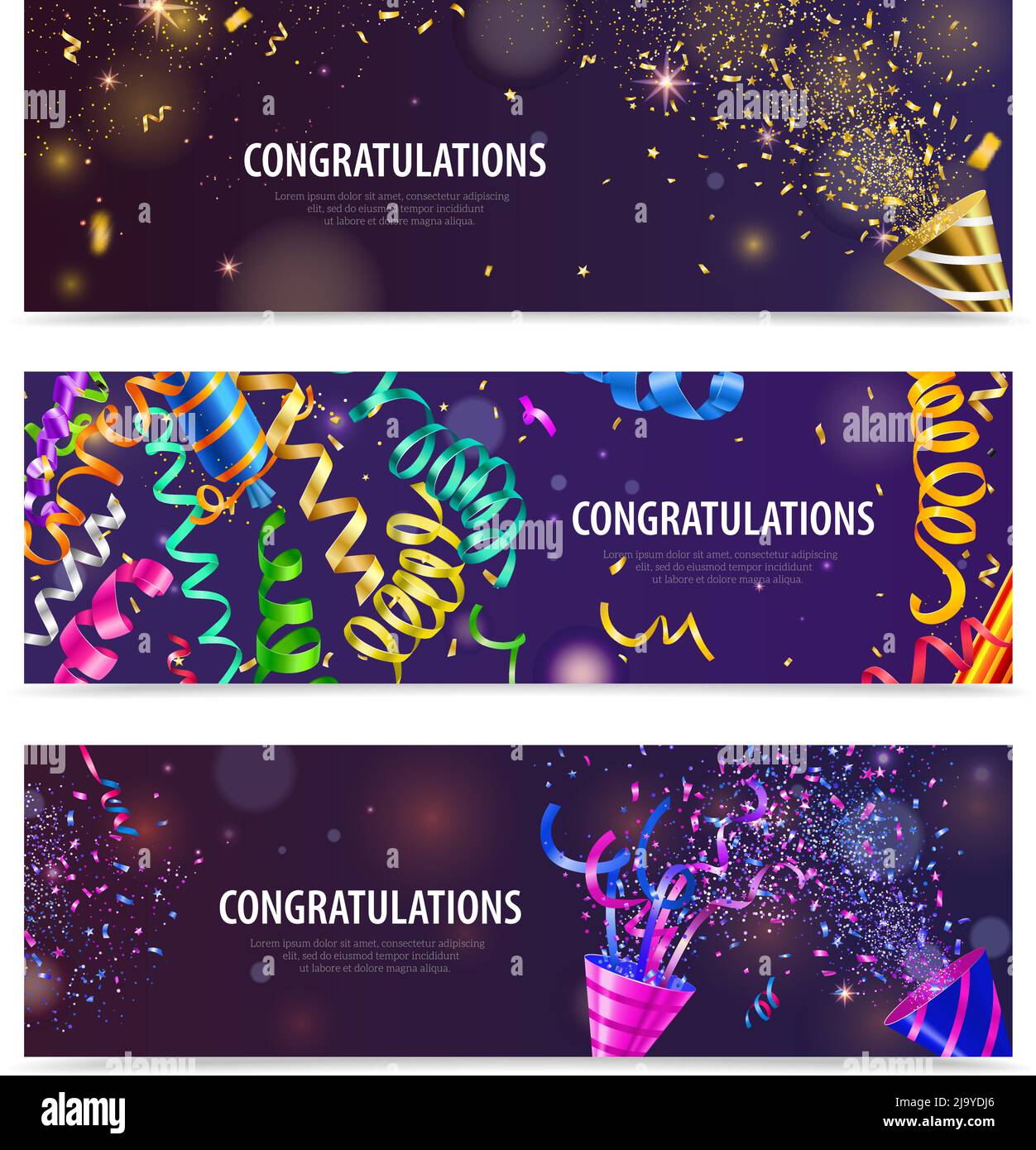 Night party celebrations popper serpentine confetti 3 realistic festive background horizontal ...