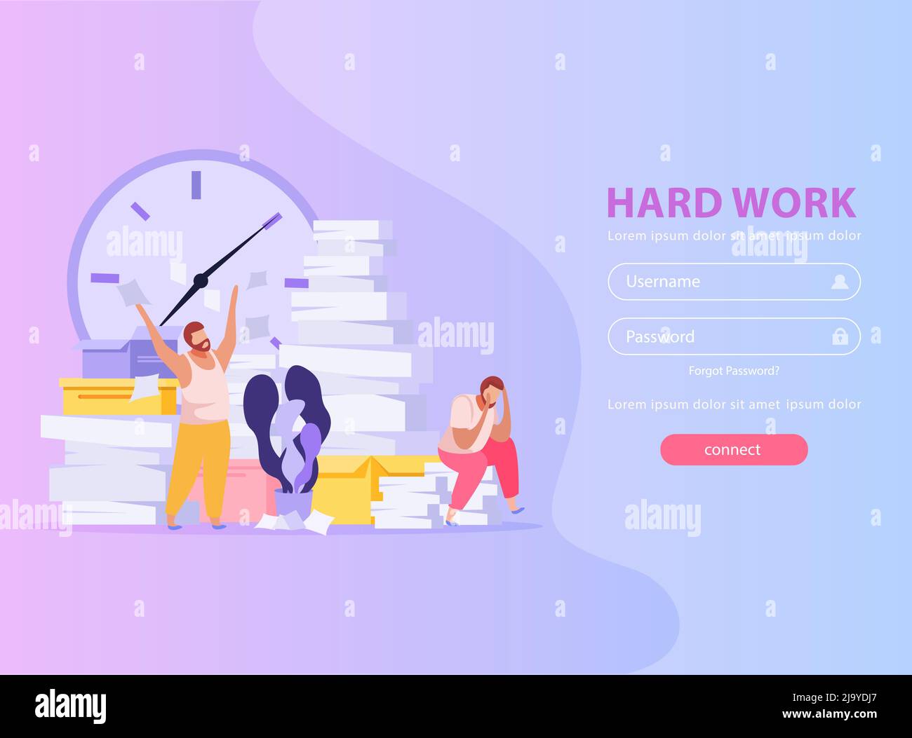 People tired from hard work with piles of papers flat background with ...