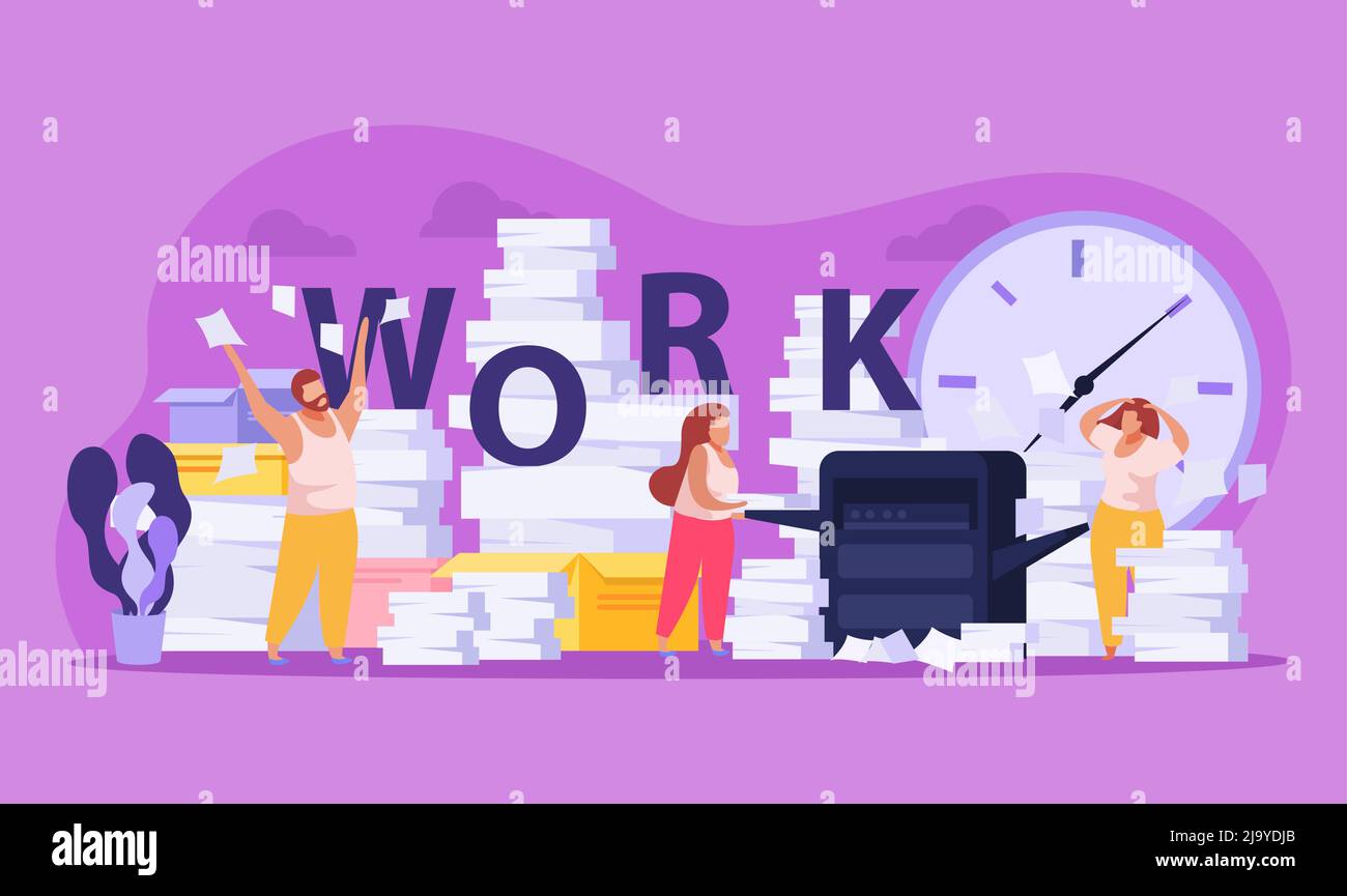 People tired from long paper work and piles of documents flat ...