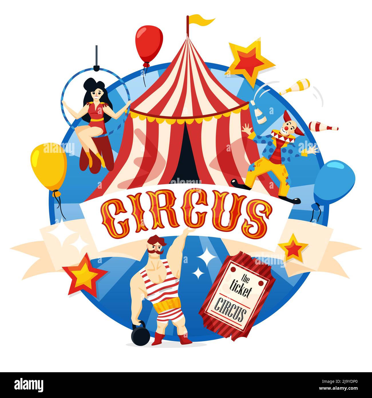 Classic traveling circus symbols circular composition with chapiteau ...