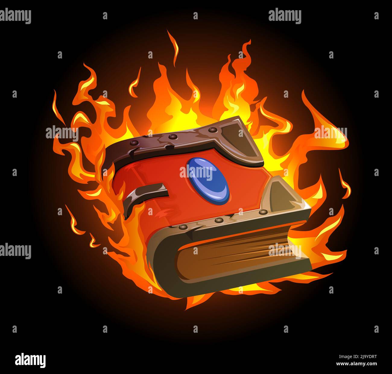 Burning magic book cartoon concept with ancient manuscript symbols ...