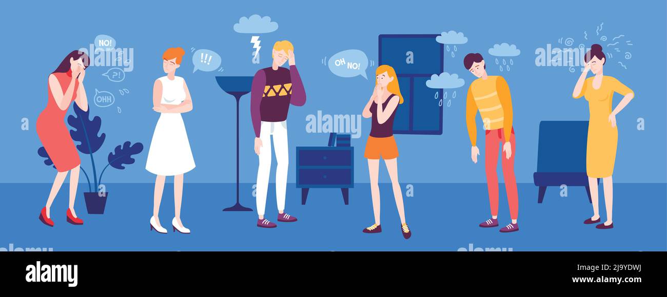 Sad people flat set of male and female characters experiencing negative ...