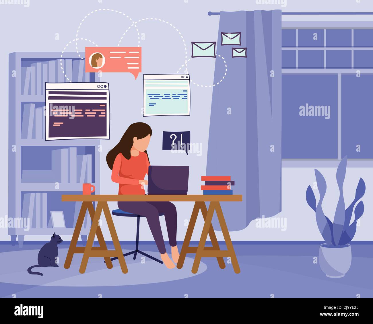 Freelance and remote workers flat background with domestic scenery and ...