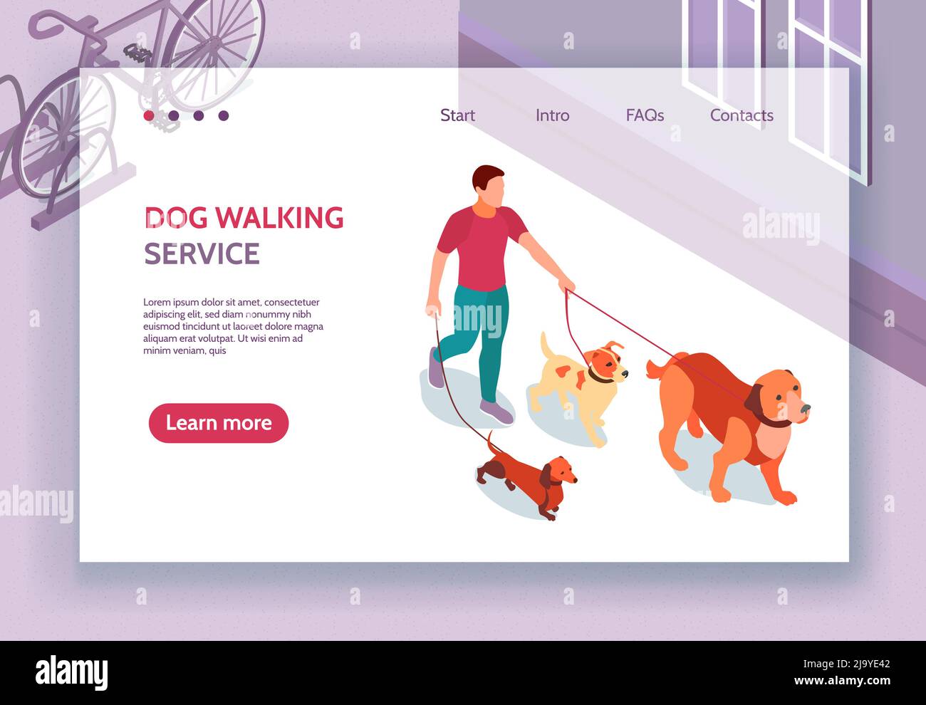 Dog walking service isometric web page banner with contacts info man ...